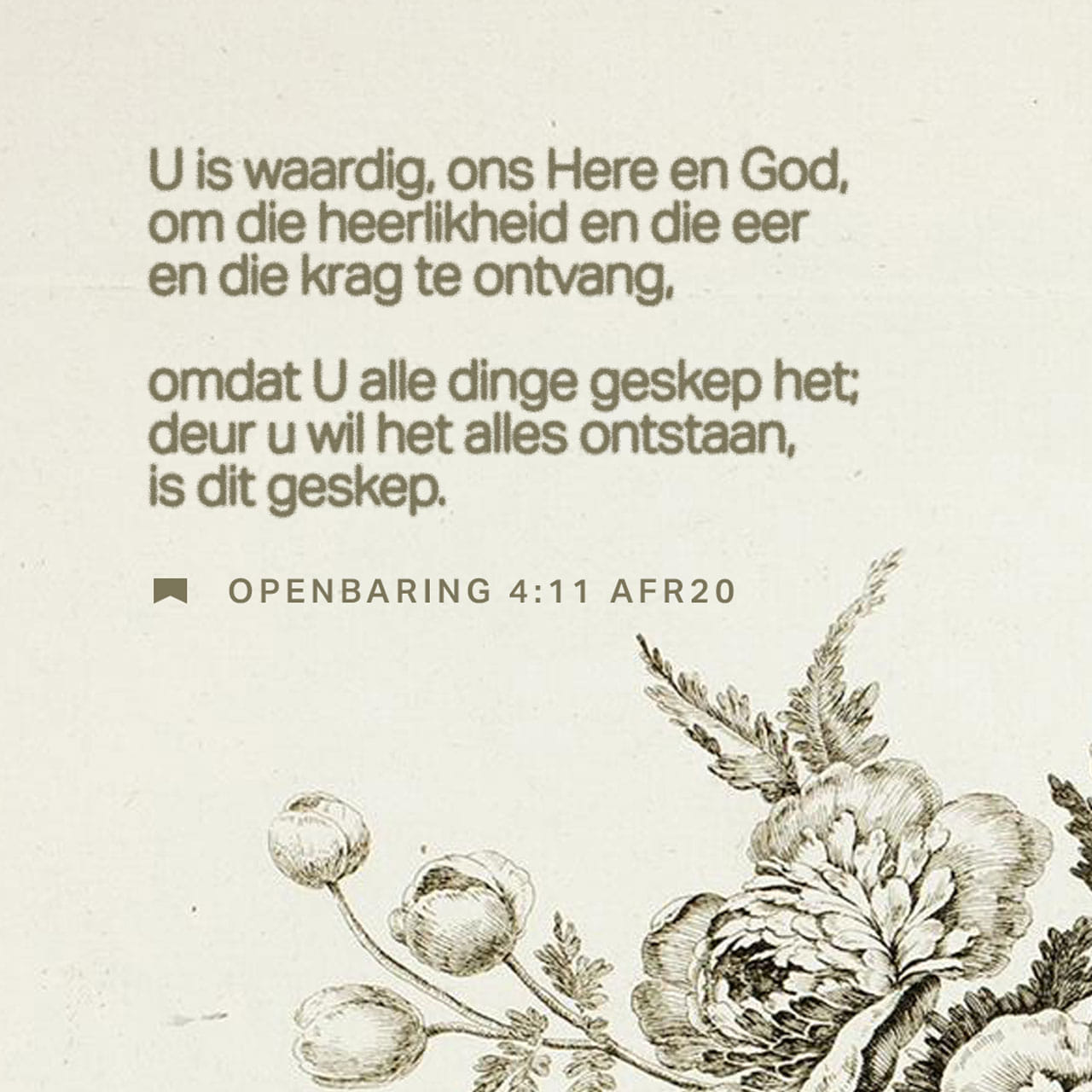 OPENBARING 4:8, 11 (AFR53) - En die vier lewende wesens het elke ...
